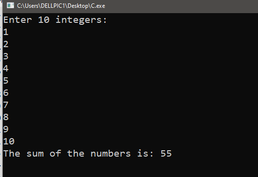 Find The Sum Of 10 Integer Numbers Using Defined Function Using C Program